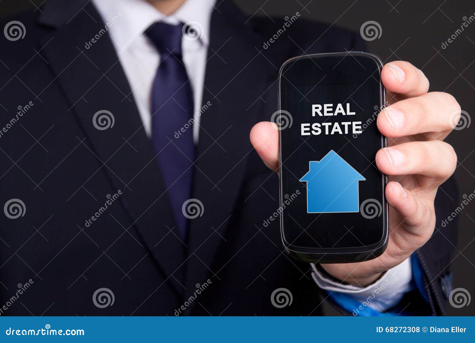 Mobile Phone with Real Estate Application in Business Man Hand Stock ...