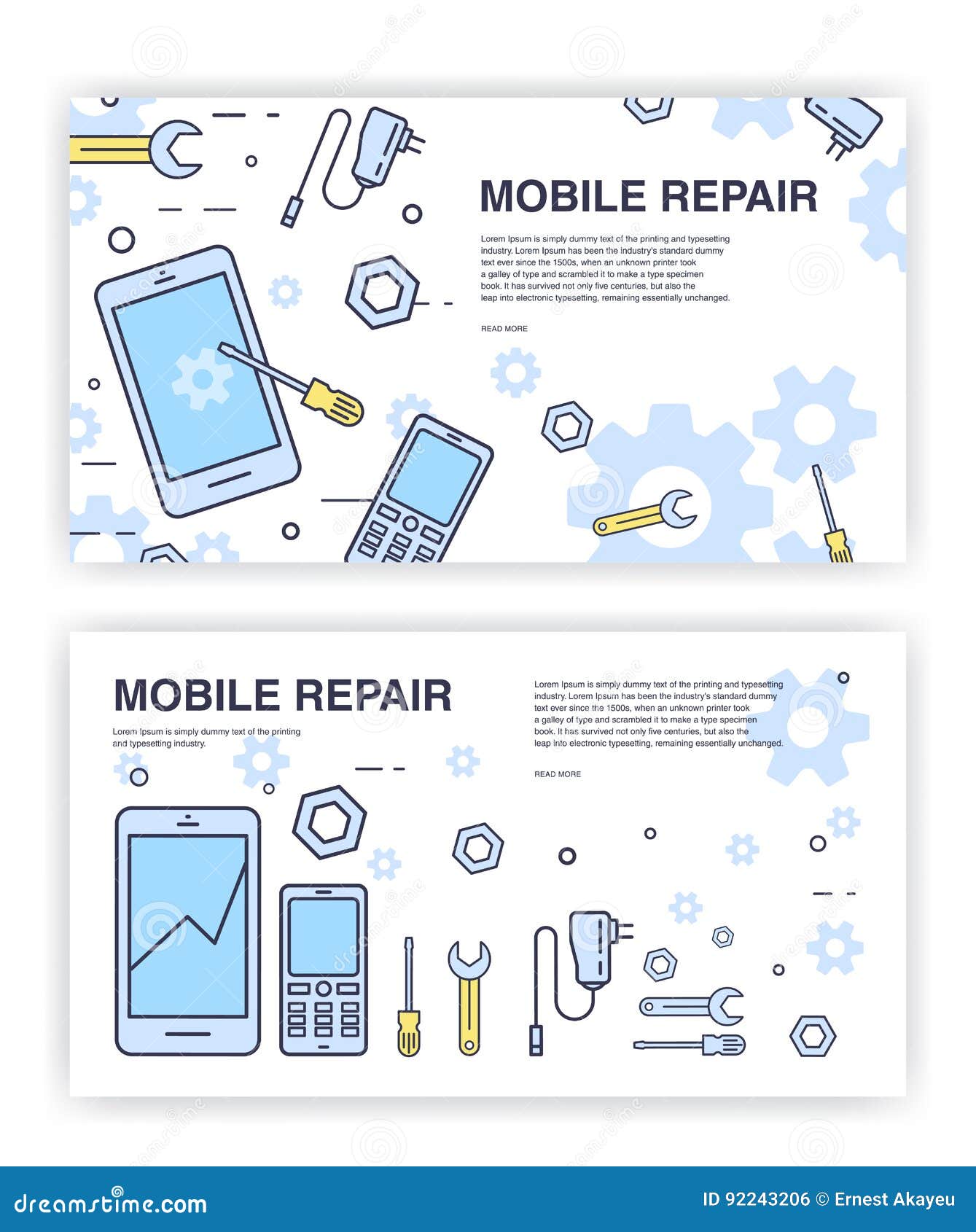 Mobile Phone Repair. Banners with Smartphone and Tools. Service ...