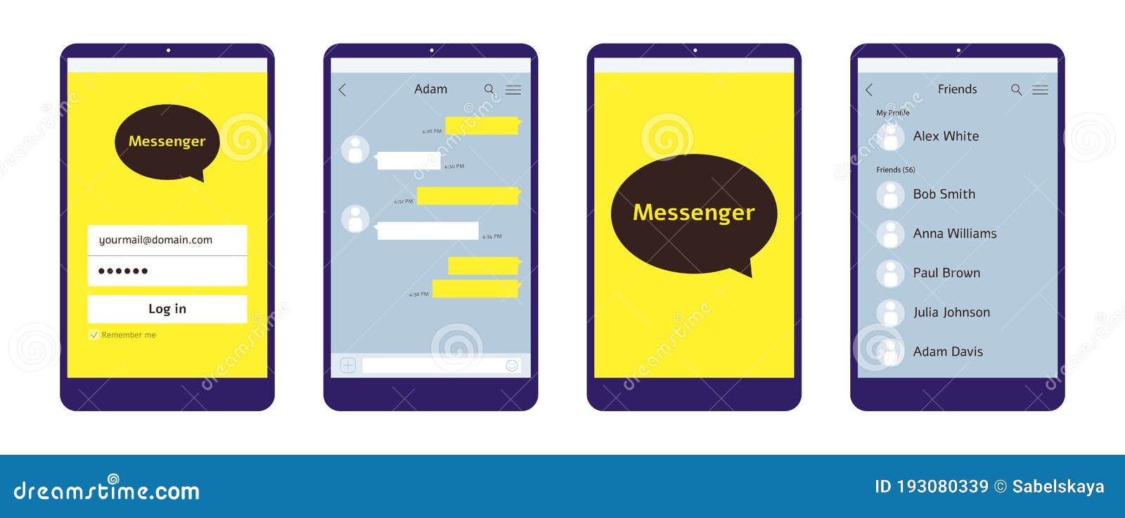 Mobile Phone Screen with Messenger App Interface - Isolated Set. Stock ...