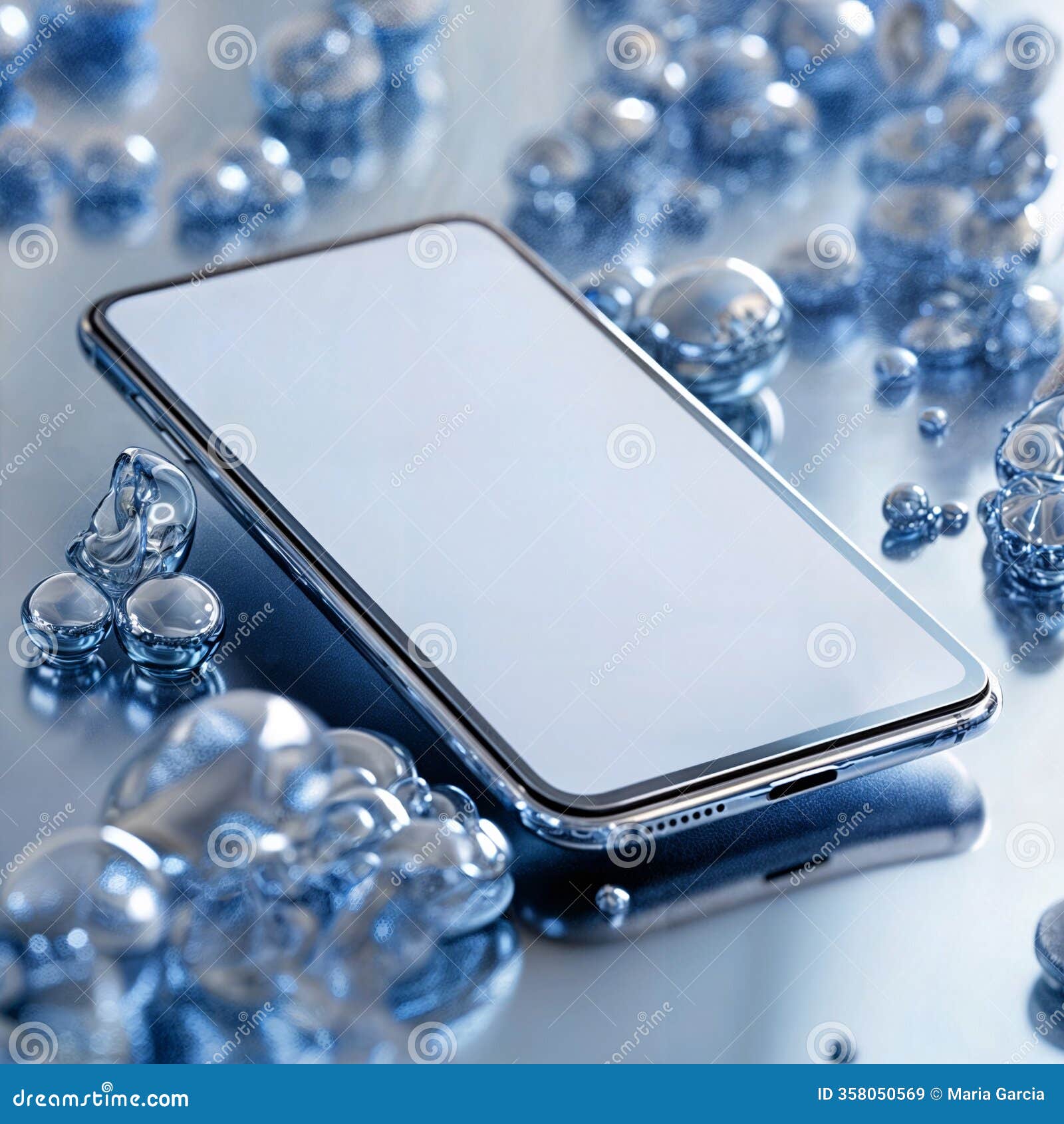 Mobile Phone Screen Mockup with Blue Bubbles Background Stock Image ...