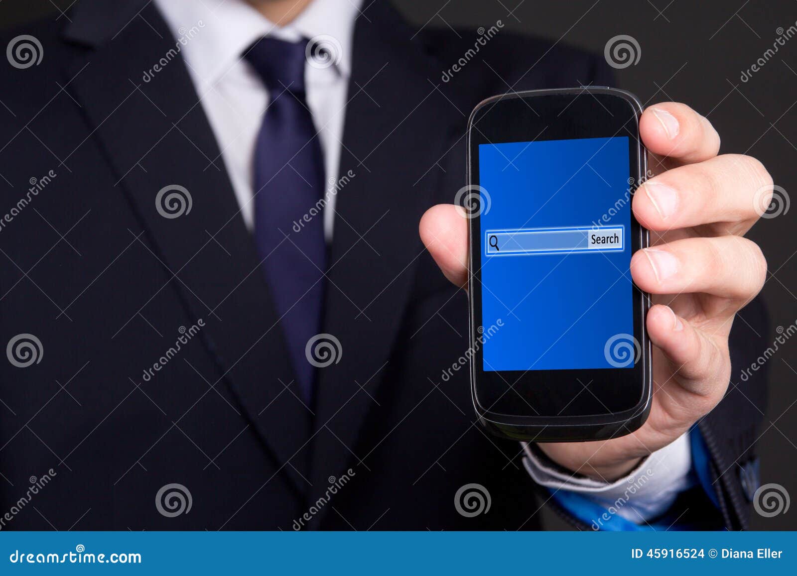 Mobile Phone with Search Bar on Screen in Business Man Hand Stock Photo ...