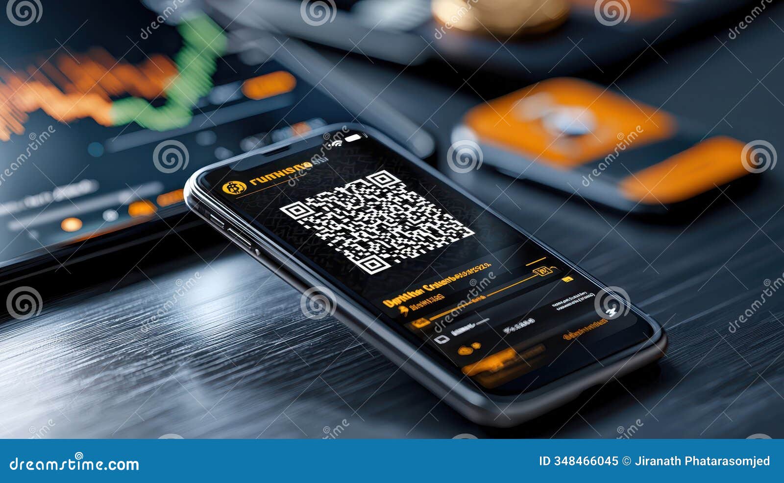 Mobile Phone Displaying QR Code on Table with Cryptocurrency Charts ...