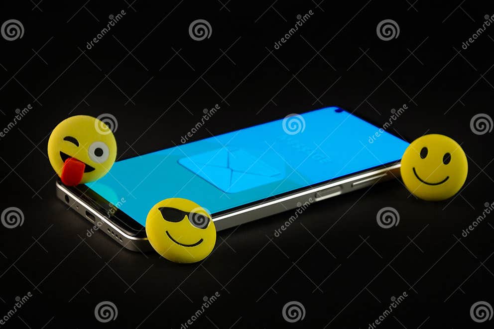 Mobile Phone with Smiley Faces and Emojis. Stock Photo - Image of ...