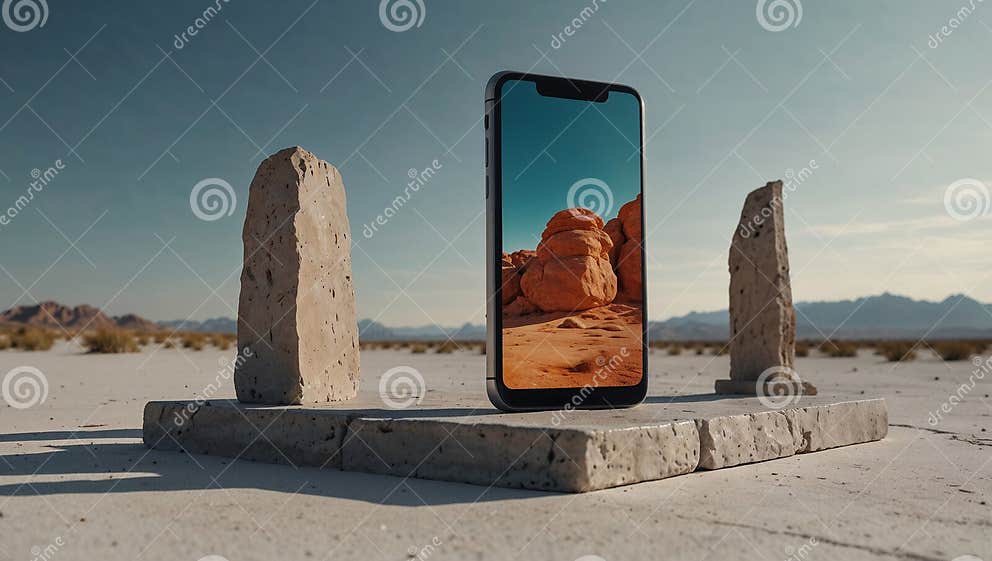 Mobile Phone Standing among Primitive Stone Sculptures. Minimal ...
