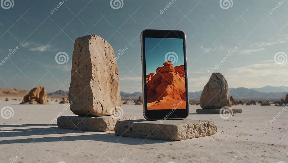 Mobile Phone Standing among Primitive Stone Sculptures. Minimal ...