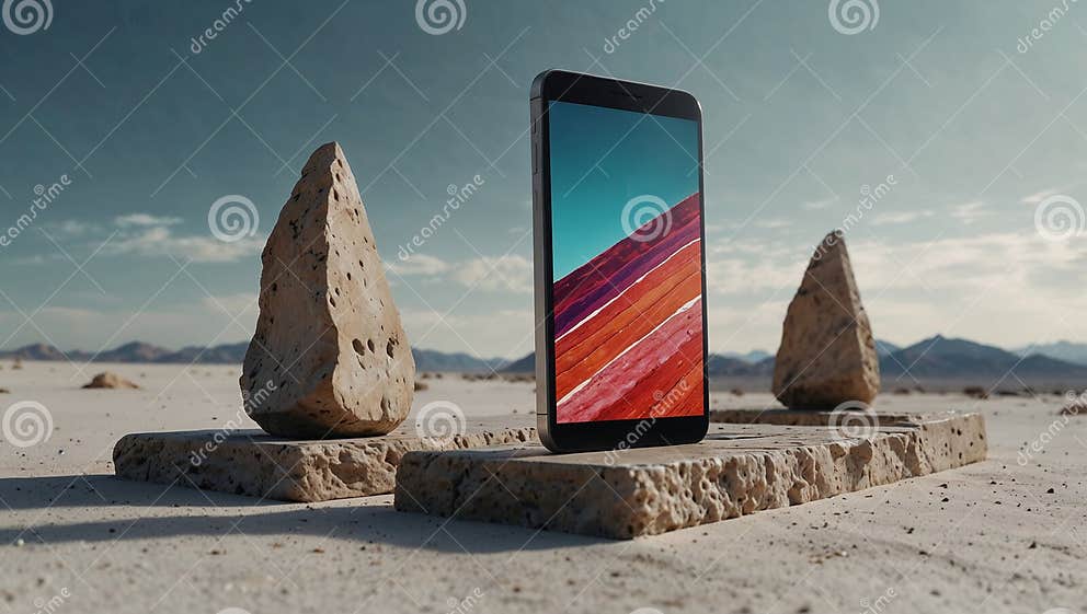 Mobile Phone Standing among Primitive Stone Sculptures. Minimal ...