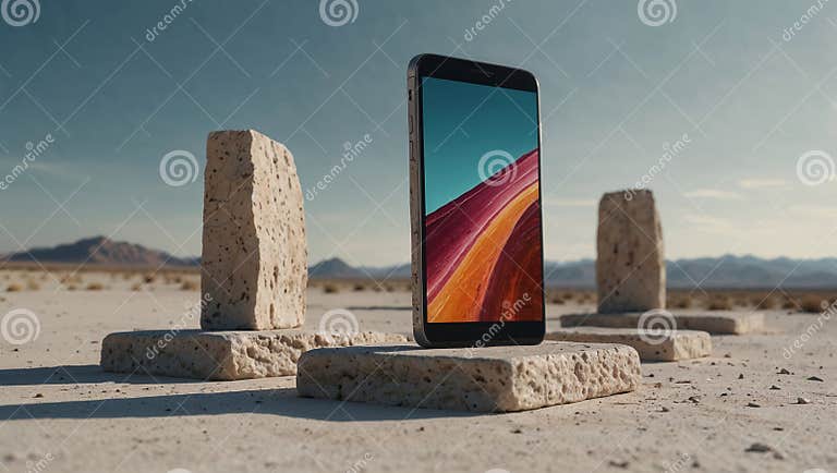 Mobile Phone Standing among Primitive Stone Sculptures. Minimal ...