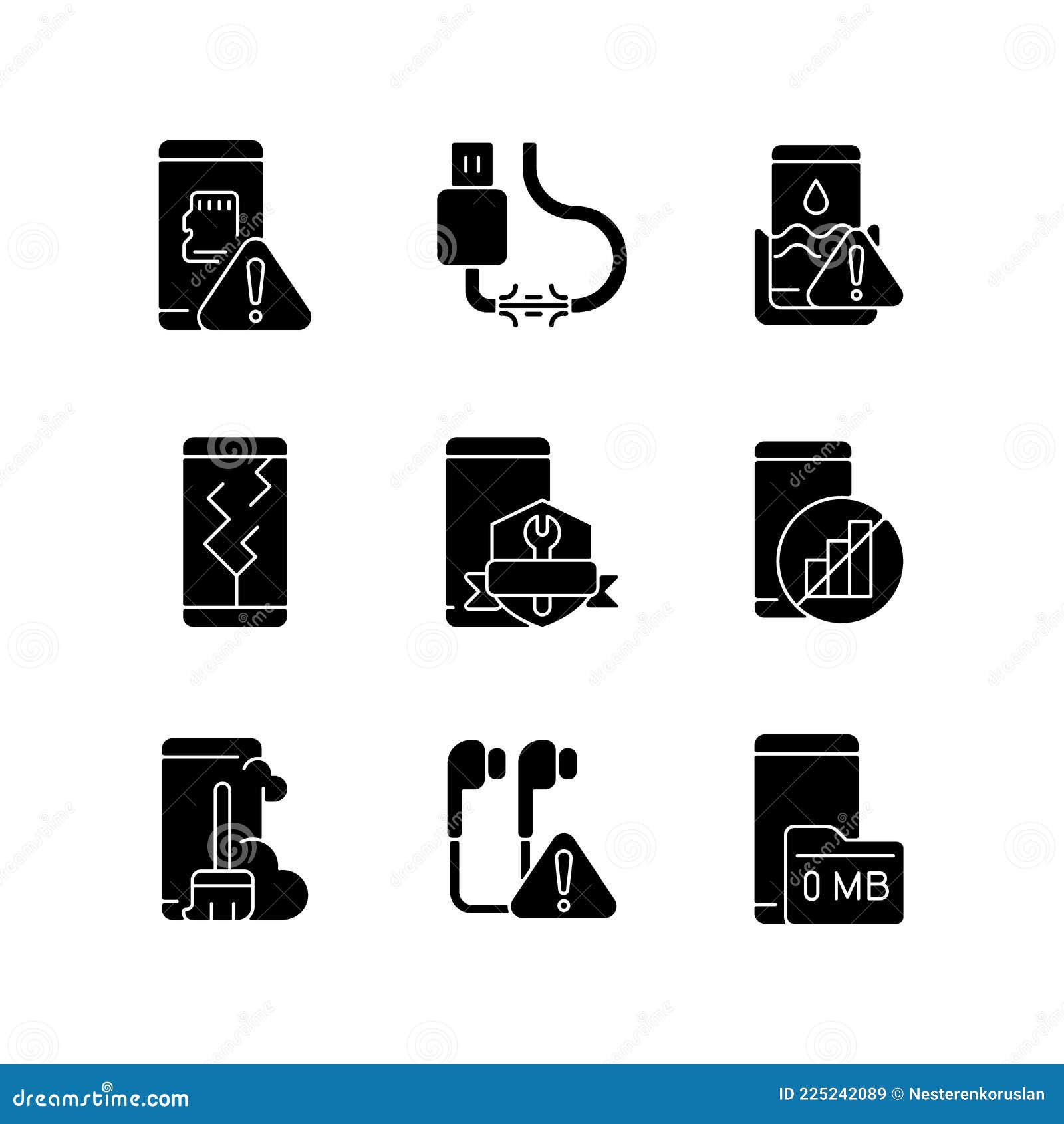 Mobile Phone Technical Issues Black Glyph Icons Set on White Space ...