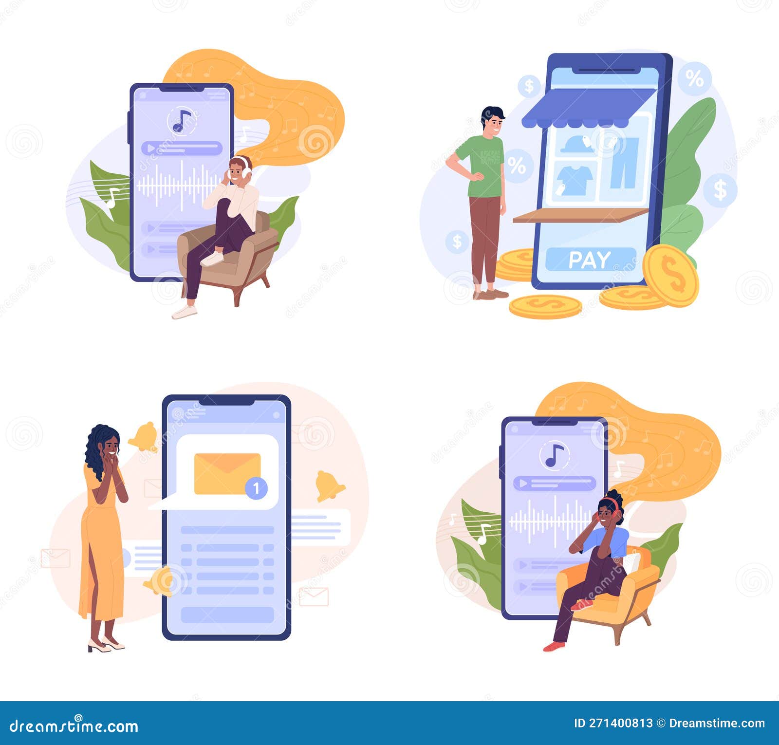 Mobile Phone Users Flat Concept Vector Spot Illustration Set Stock ...