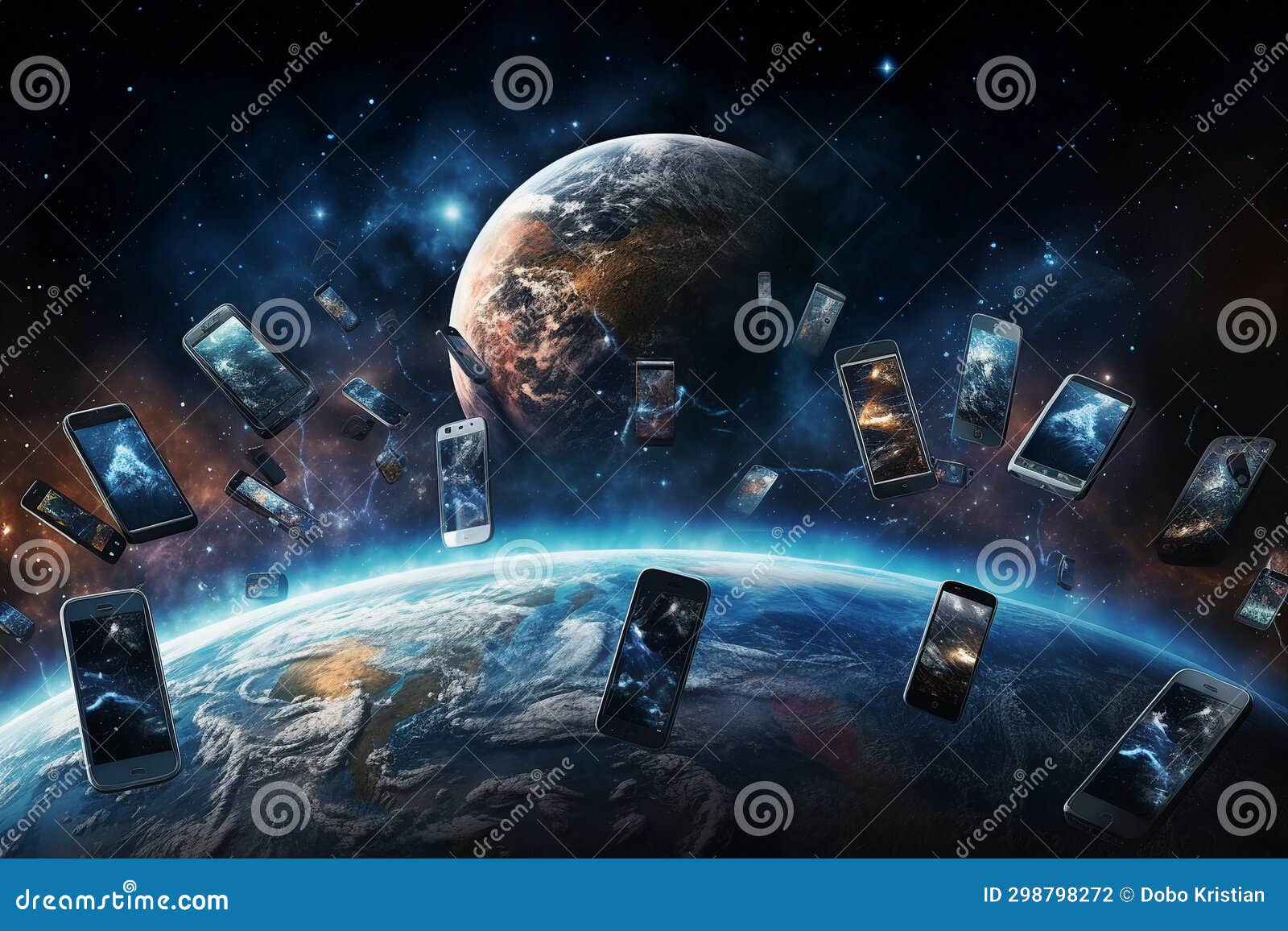 Mobile Phones Fly Around Earth Planet Stock Illustration - Illustration ...
