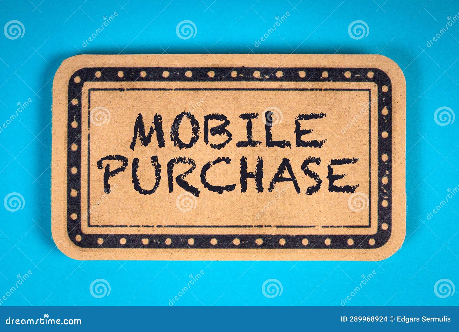 Mobile Purchase. Cardboard Sticker with Text on a Blue Background Stock ...
