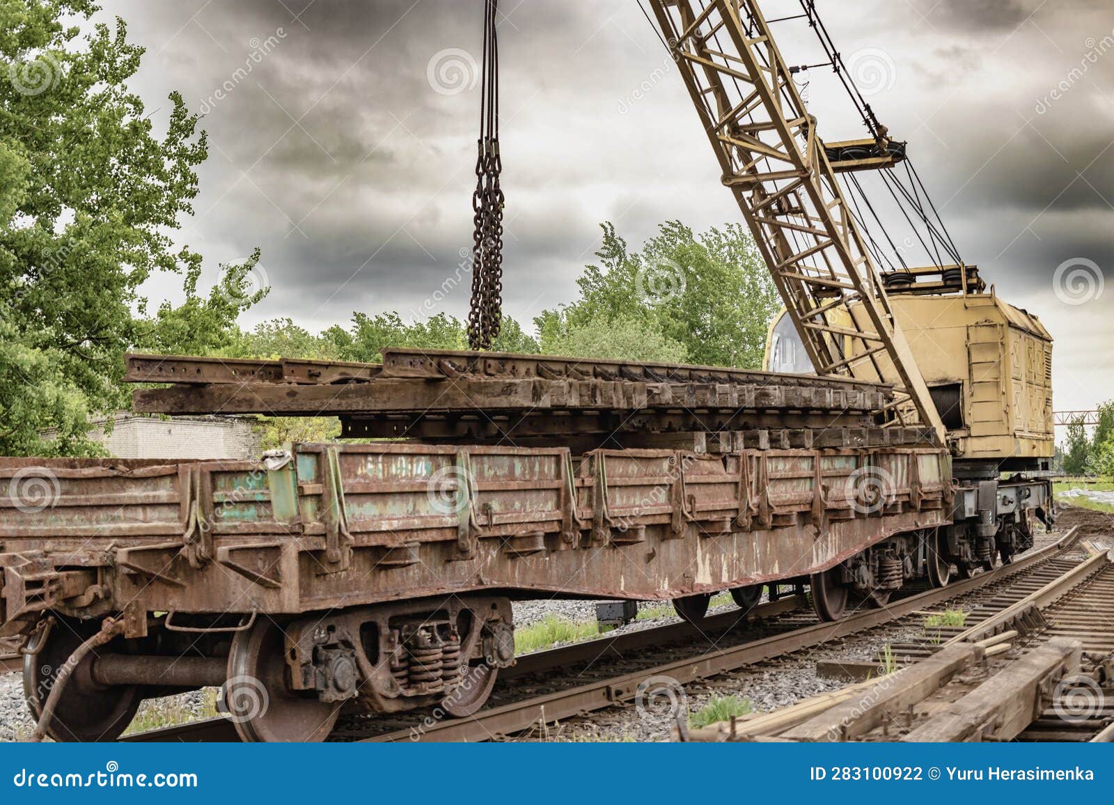Mobile Railway Crane on a Platform. Replacement and Repair of Railroad ...