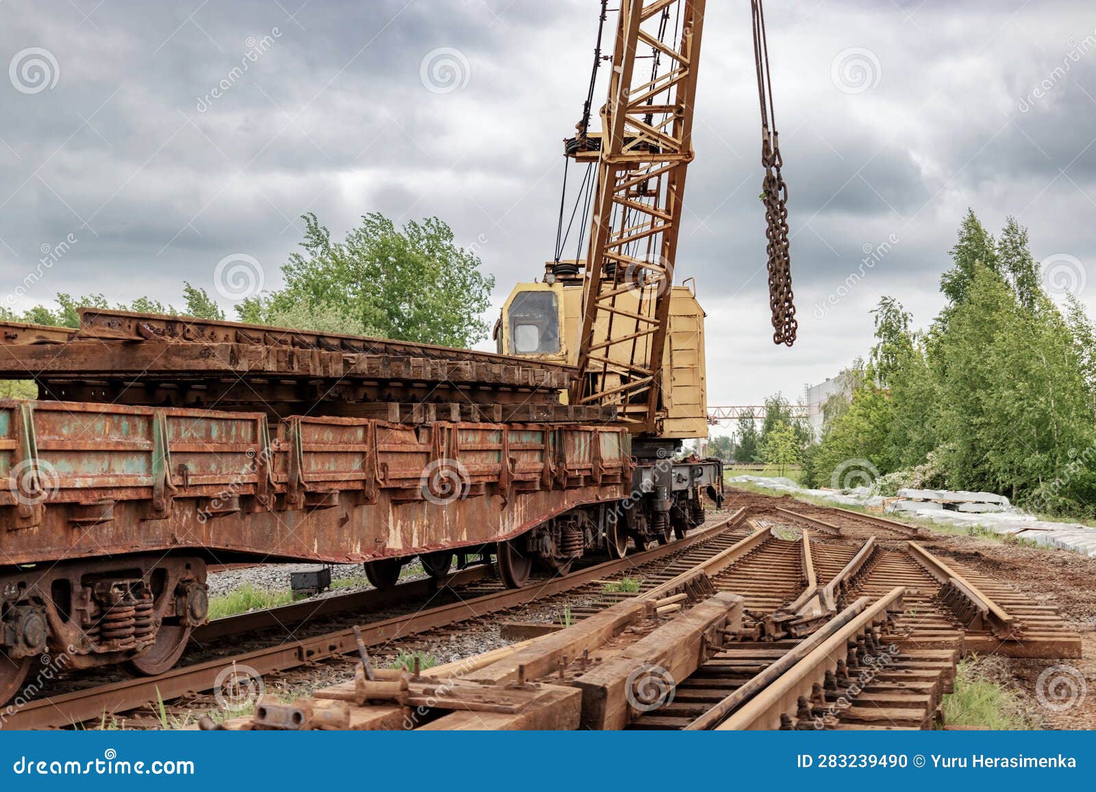 Mobile Railway Crane on a Platform. Replacement and Repair of Railroad ...