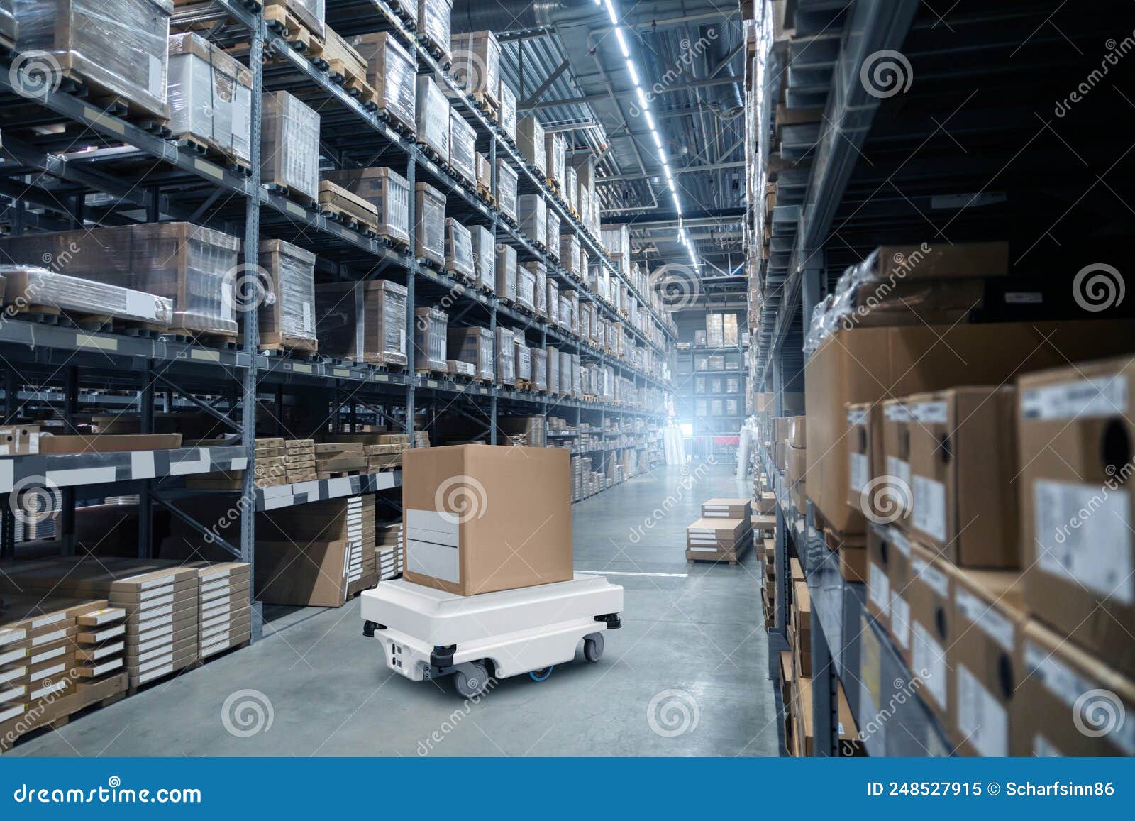 Mobile Robot Transporting a Box in a Warehouse Stock Image - Image of ...