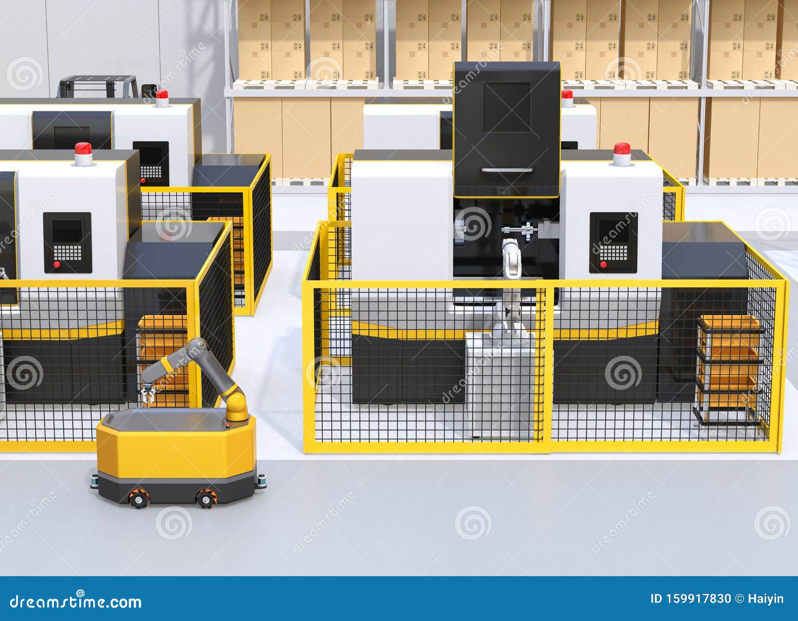 AGV Passing Robot Cell-production Units And CNC Machines Stock Image ...