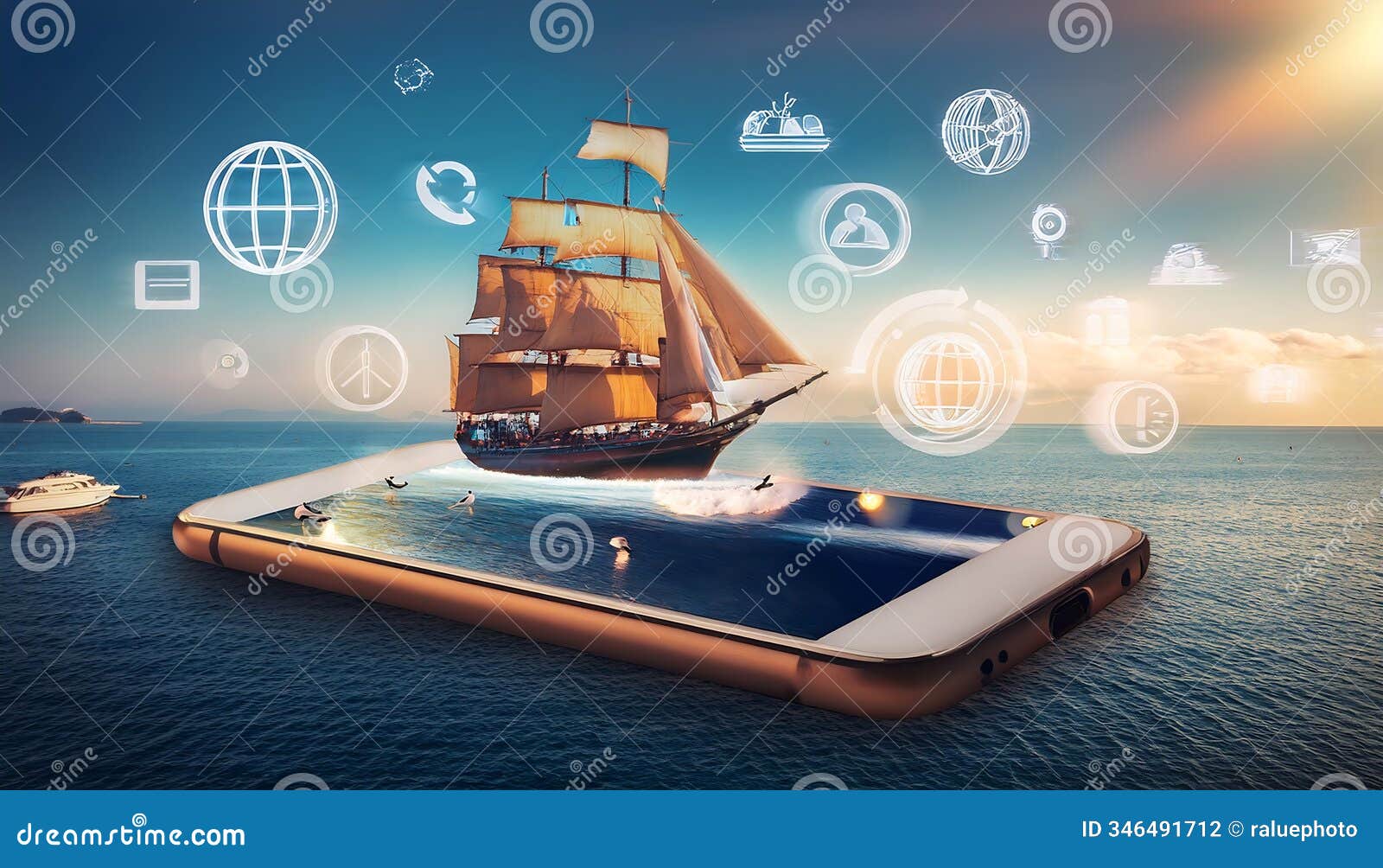 Mobile Screen with Floating Icons of a Boat and Ocean, Highlighting ...