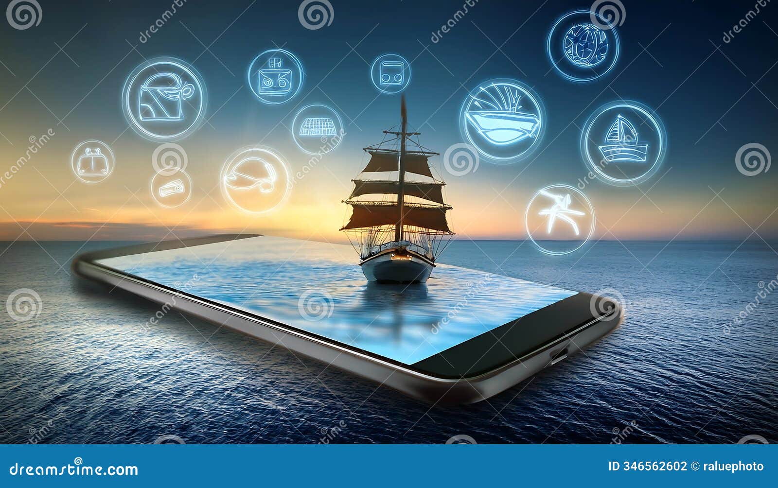 Mobile Screen with Floating Icons of a Boat and Ocean, Highlighting ...