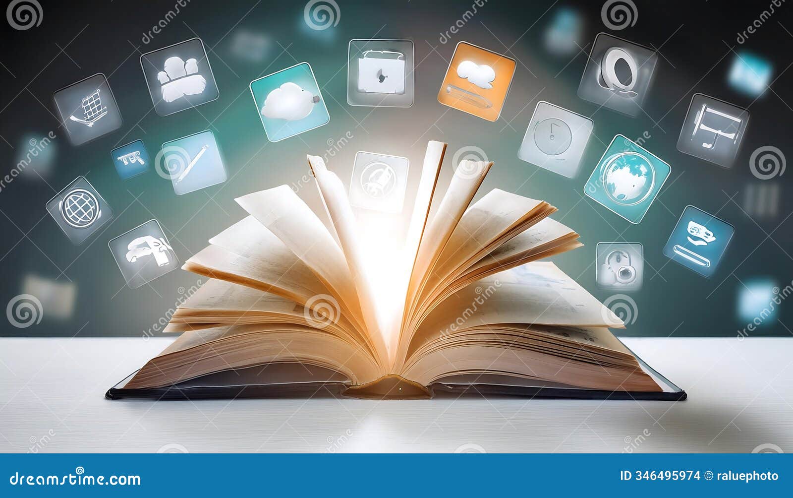 Mobile Screen with Floating Icons of Books on a White Table ...