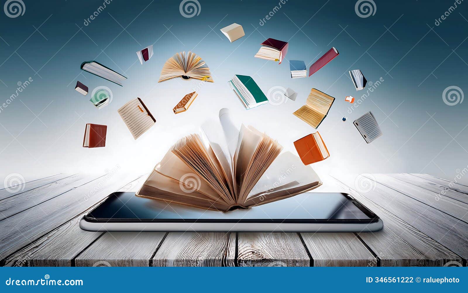 Mobile Screen with Floating Icons of Books on a White Table ...