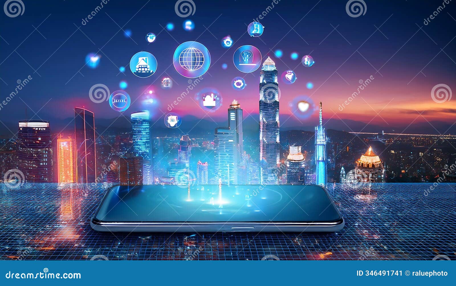 Mobile Screen with Floating Icons of City Objects, Highlighting Urban ...
