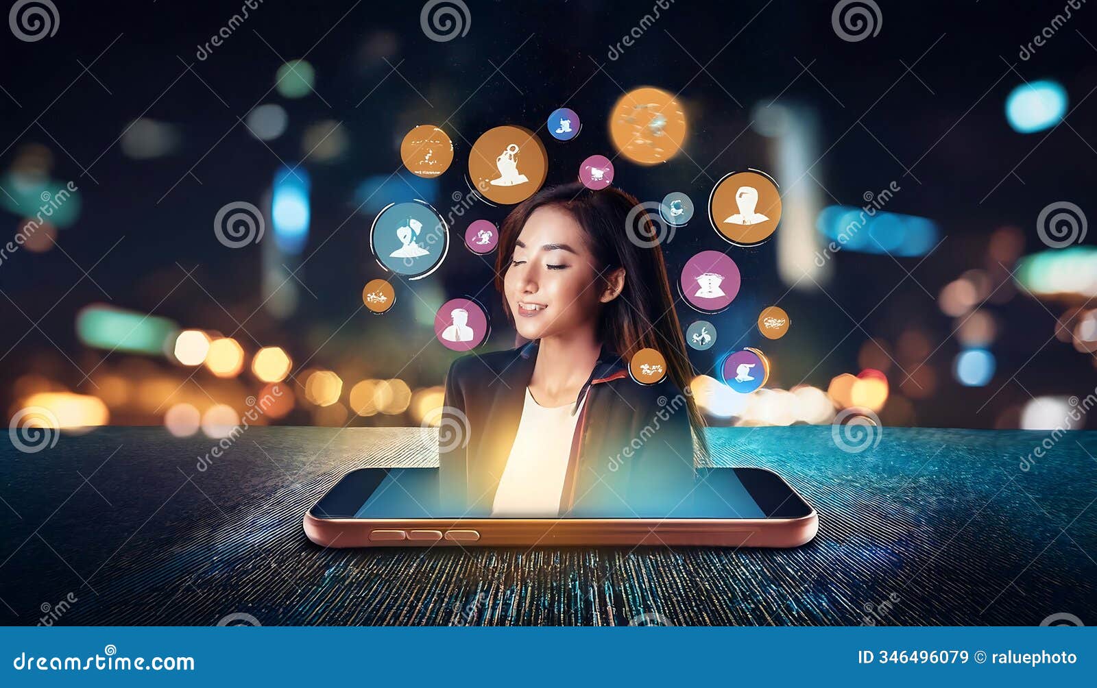 Mobile Screen with Floating Icons of People at Night, Highlighting ...