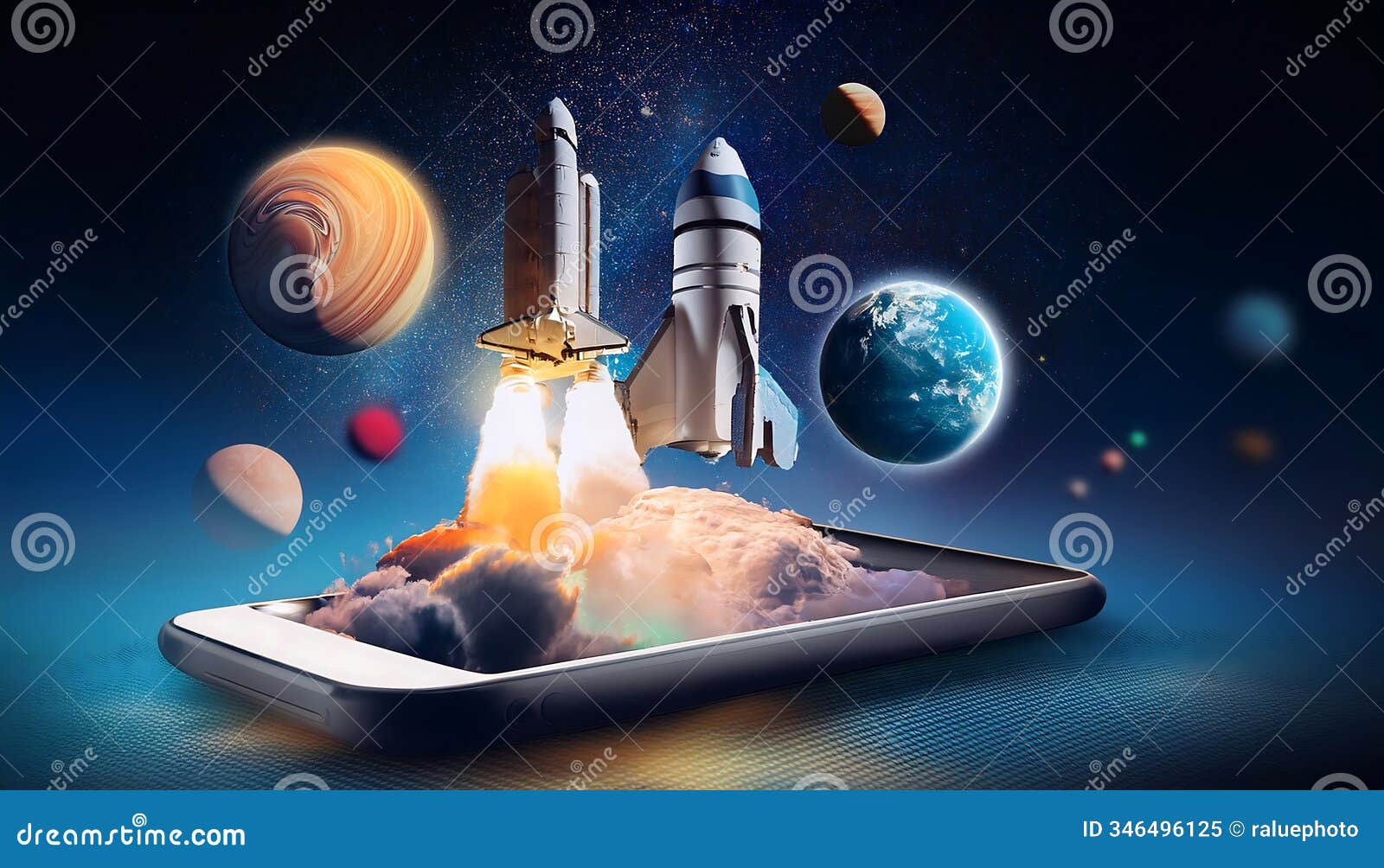 Mobile Screen with Floating Icons of Spaceships and Planets ...