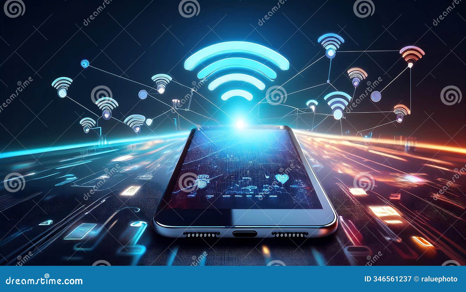 Mobile Screen with Floating Icons of WiFi and Internet Signal ...