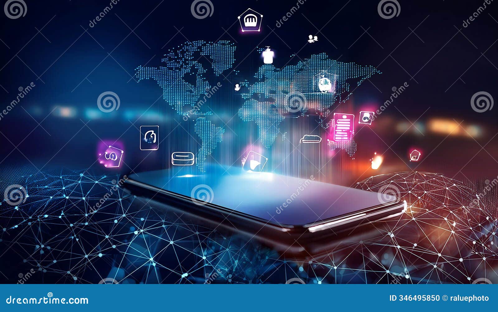 Mobile Screen with Floating Icons and World Map, Showcasing Global ...