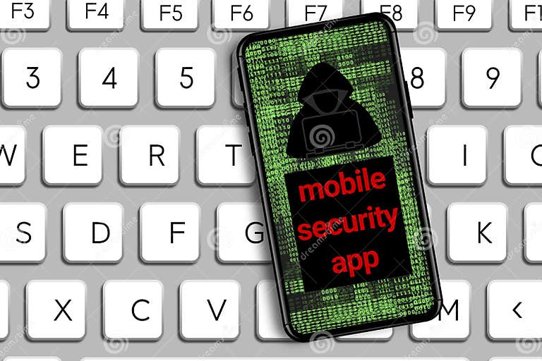 Mobile Security App Word and Hacker Icon in Mobile Phone with Digital ...