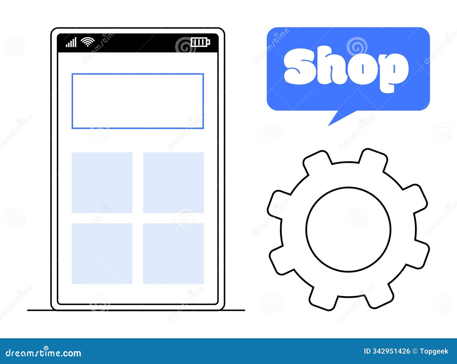 Mobile Shopping App Interface with Settings Gear and Shop Sign in Blue ...