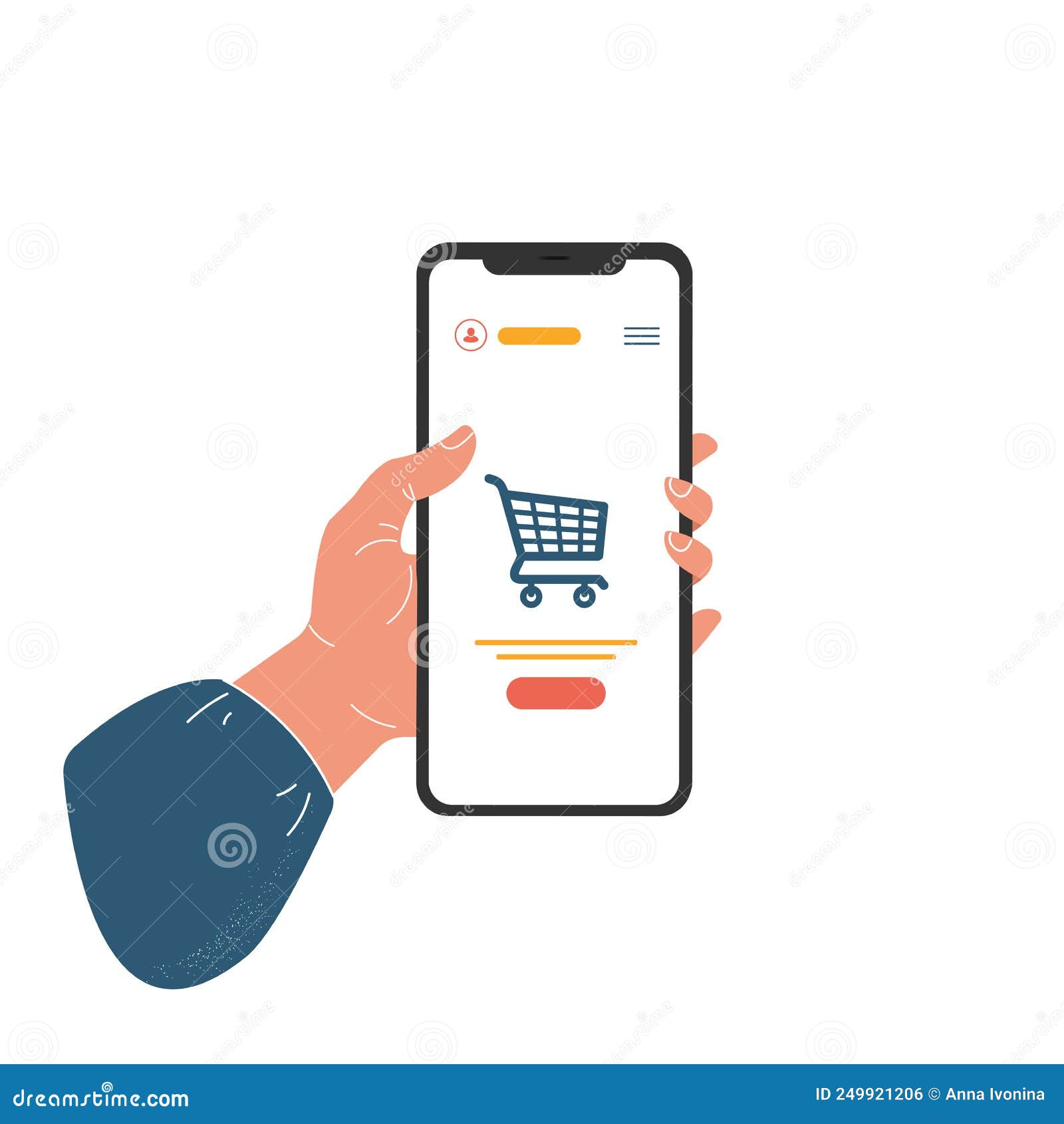 Mobile Shopping, Hand with Phone, Shopping Basket on Screen, Flat ...