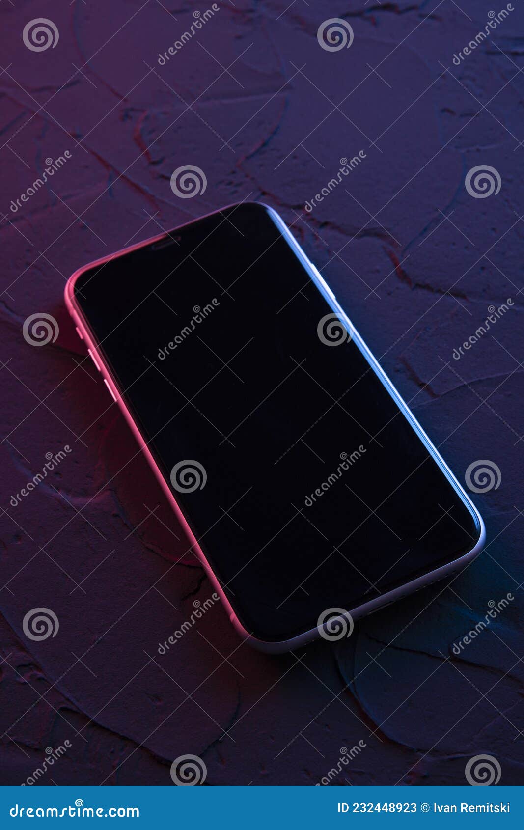 Mobile Smartphone on Dark Red Blue Neon Colors. Mock Up.Perspective ...