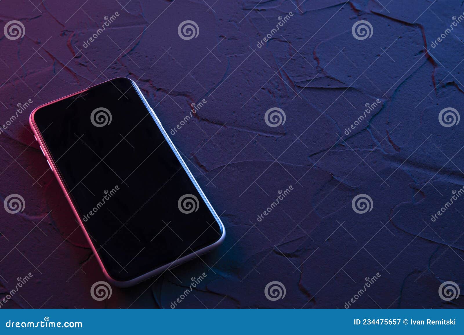 Mobile Smartphone on Dark Red Blue Neon Colors. Mock Up.Perspective ...