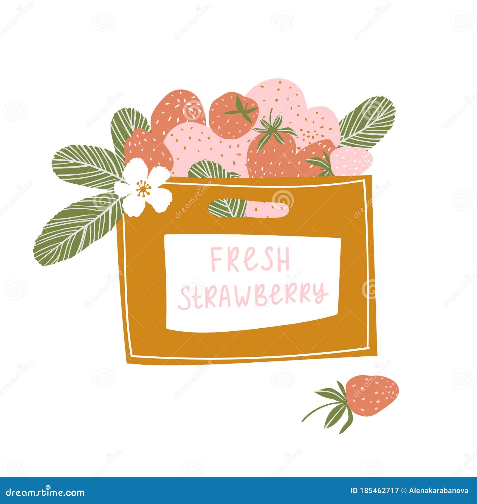 Strawberries in Wooden Box Isolated on the White Background. Vector ...