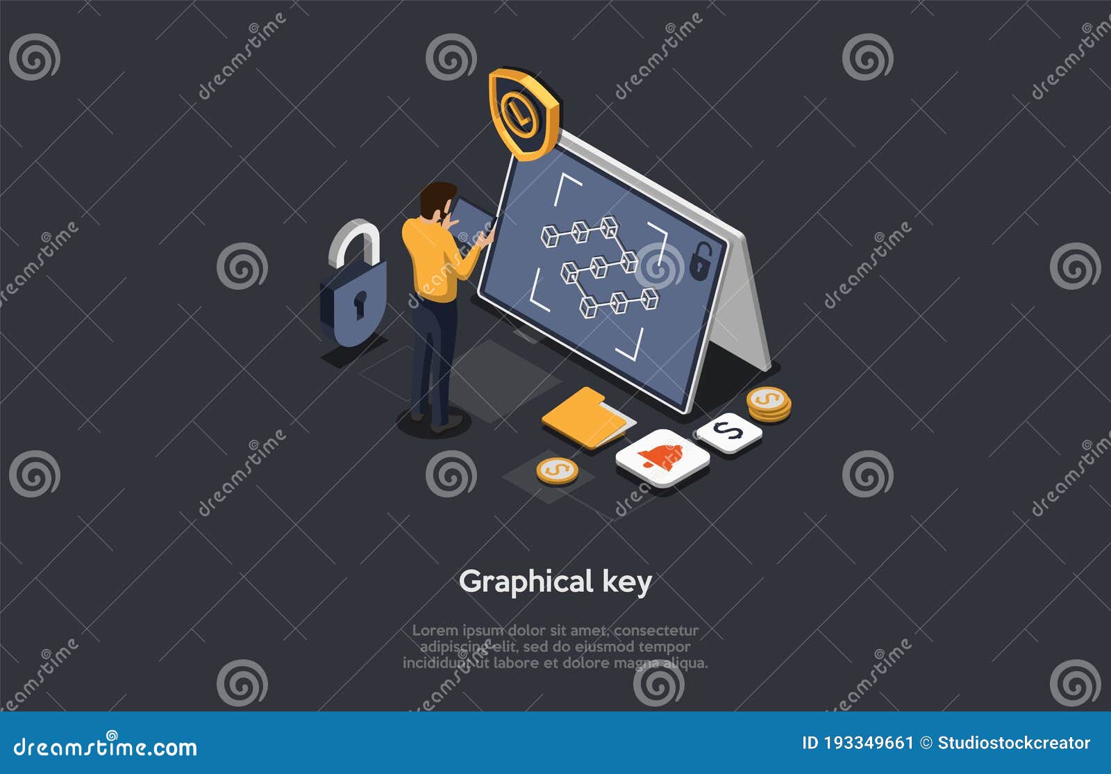 Mobile Technology, Device Security, Graphic Key Concept. Male Character ...