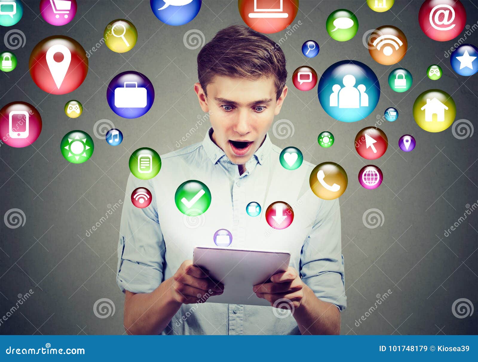 Mobile Technology High Tech Concept. Amazed Man Using Tablet Computer ...