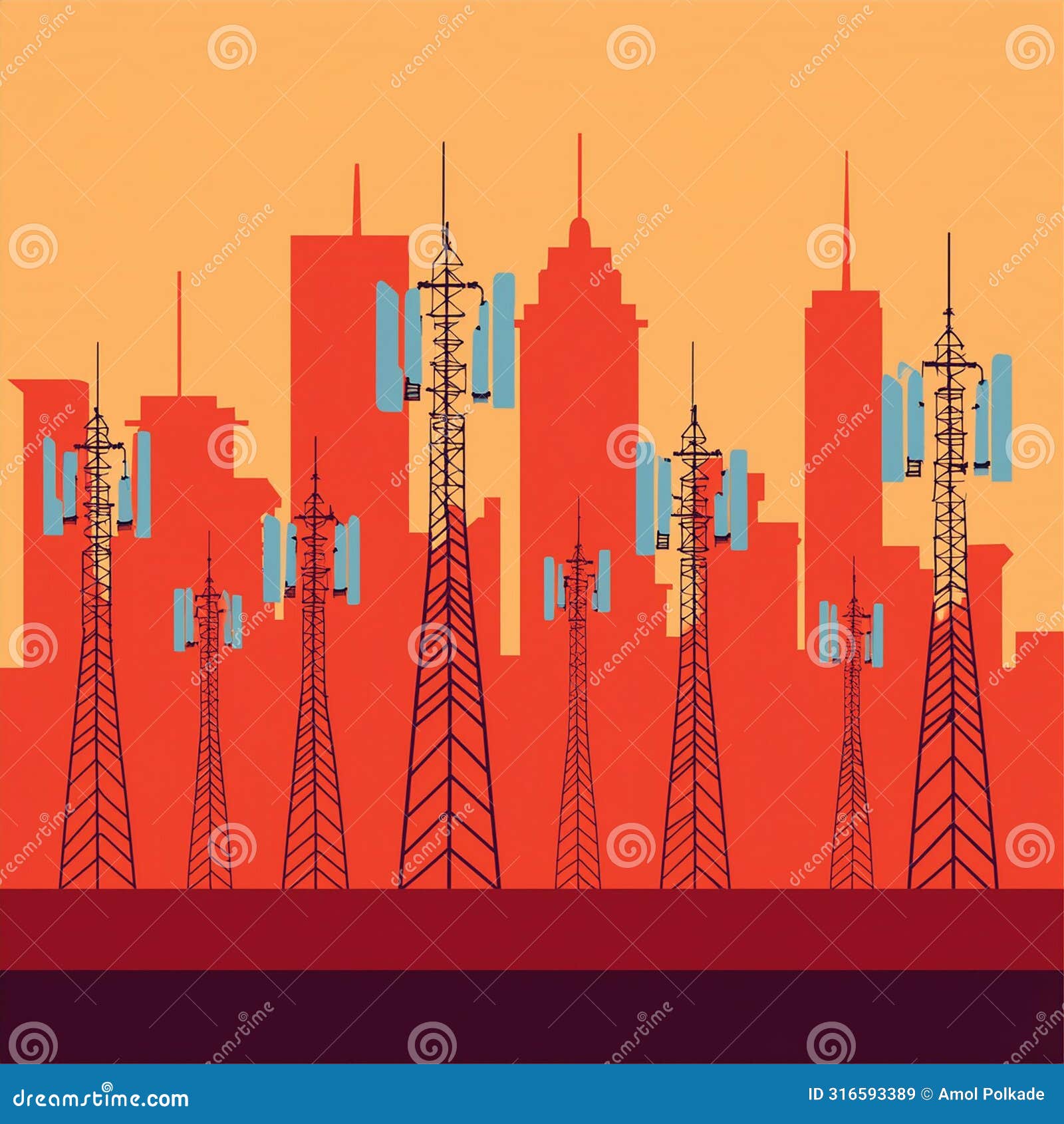 Mobile Towers with Red Skyline City Stock Image - Image of pylon ...