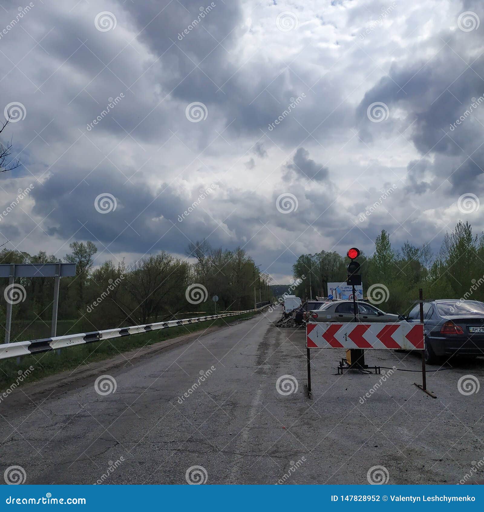 The Mobile Traffic Light Blocks the Way on One Side of the Bridge, on ...