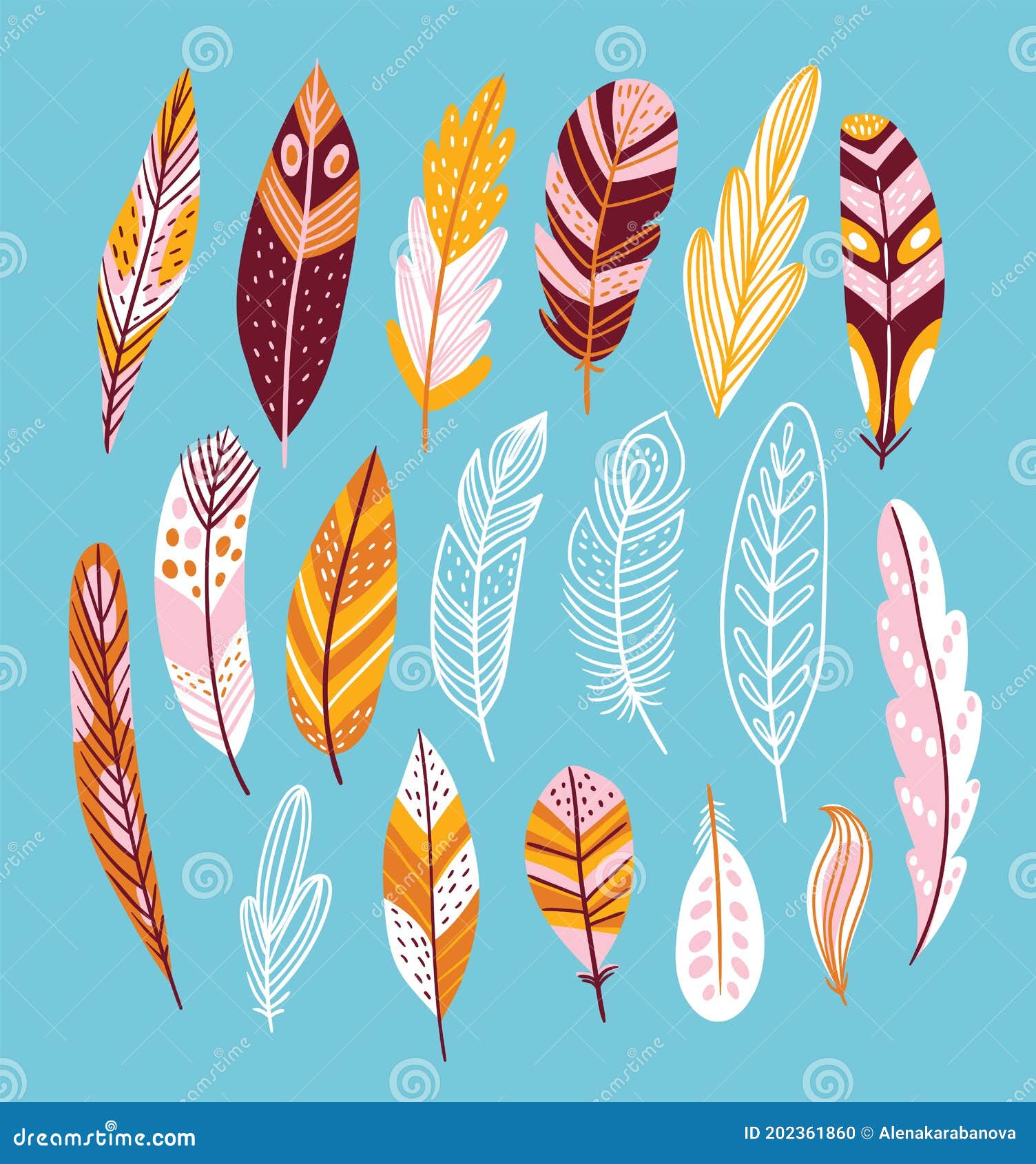 Vector Feathers in Hand Drawn Style. Set of Decor Elements for Boho ...