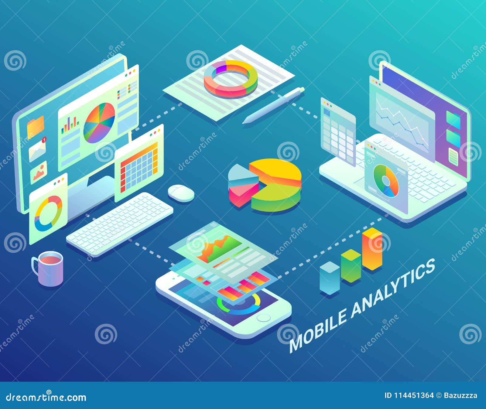 Mobile Web Analytics Infographic, Vector Flat Isometric Illustration ...