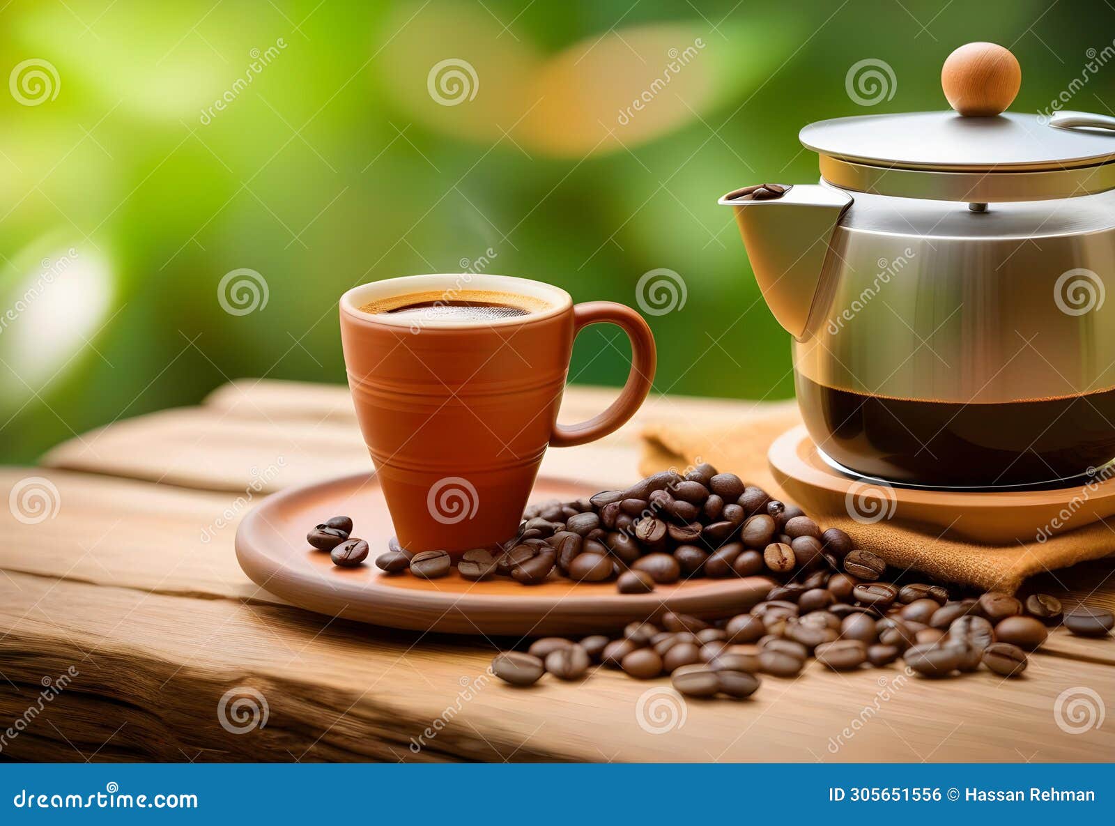Moca Pot, Coffee Cup And Coffee Beans On Wooden Table Stock Photo ...