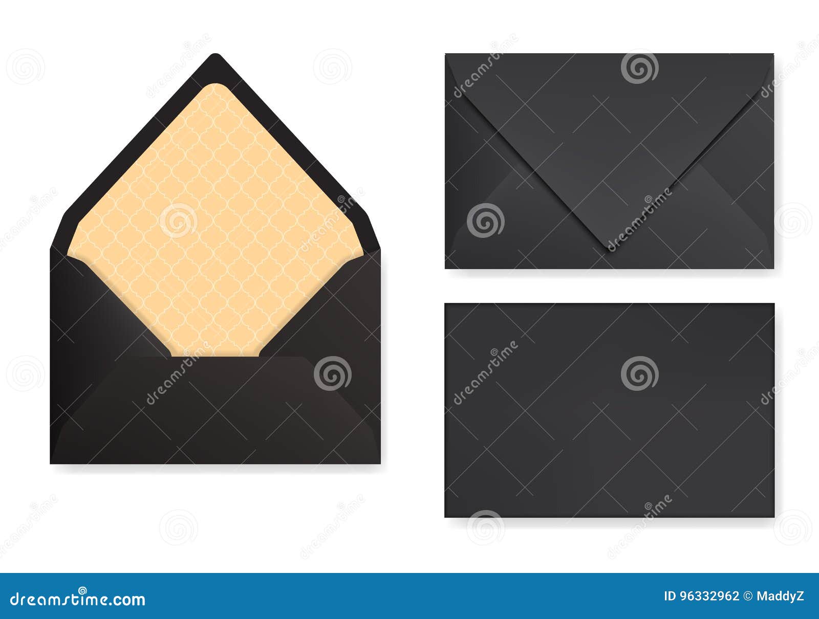 Mock-up of Black Designed Envelope. Front View, Closed and Opened Back ...