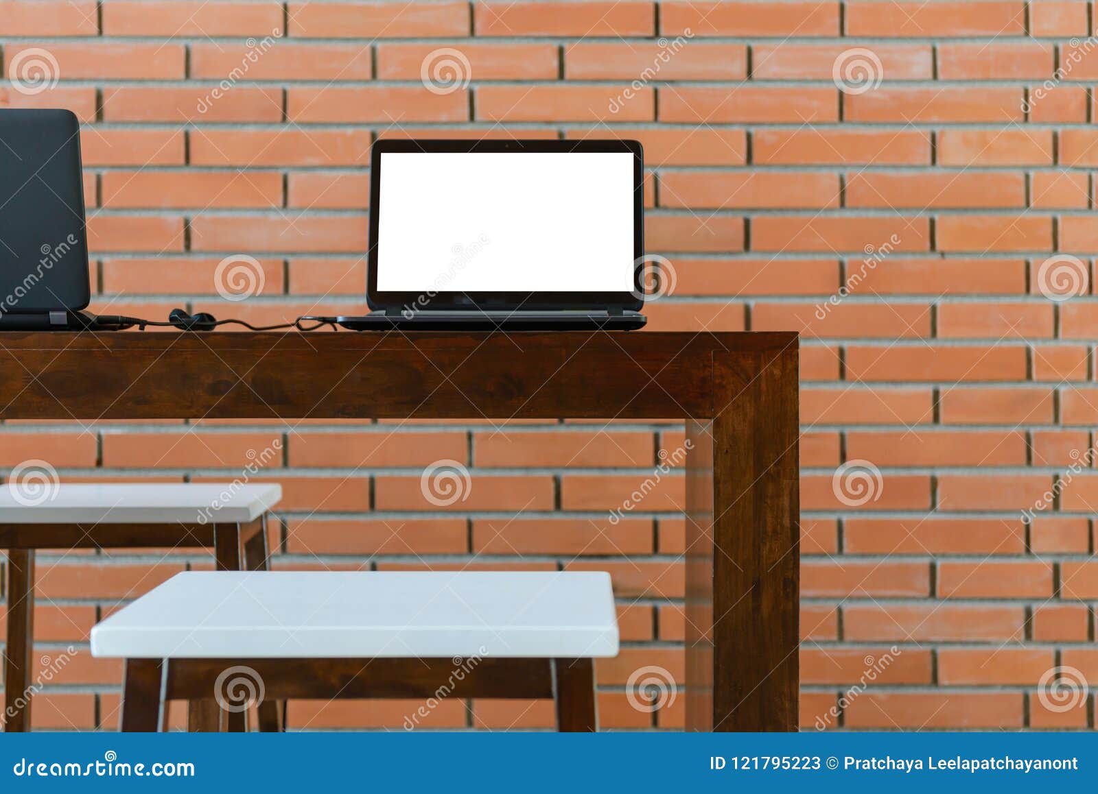 Mock Up Blank Screen Laptop on Modern Wooden Table with Bricks Wall ...