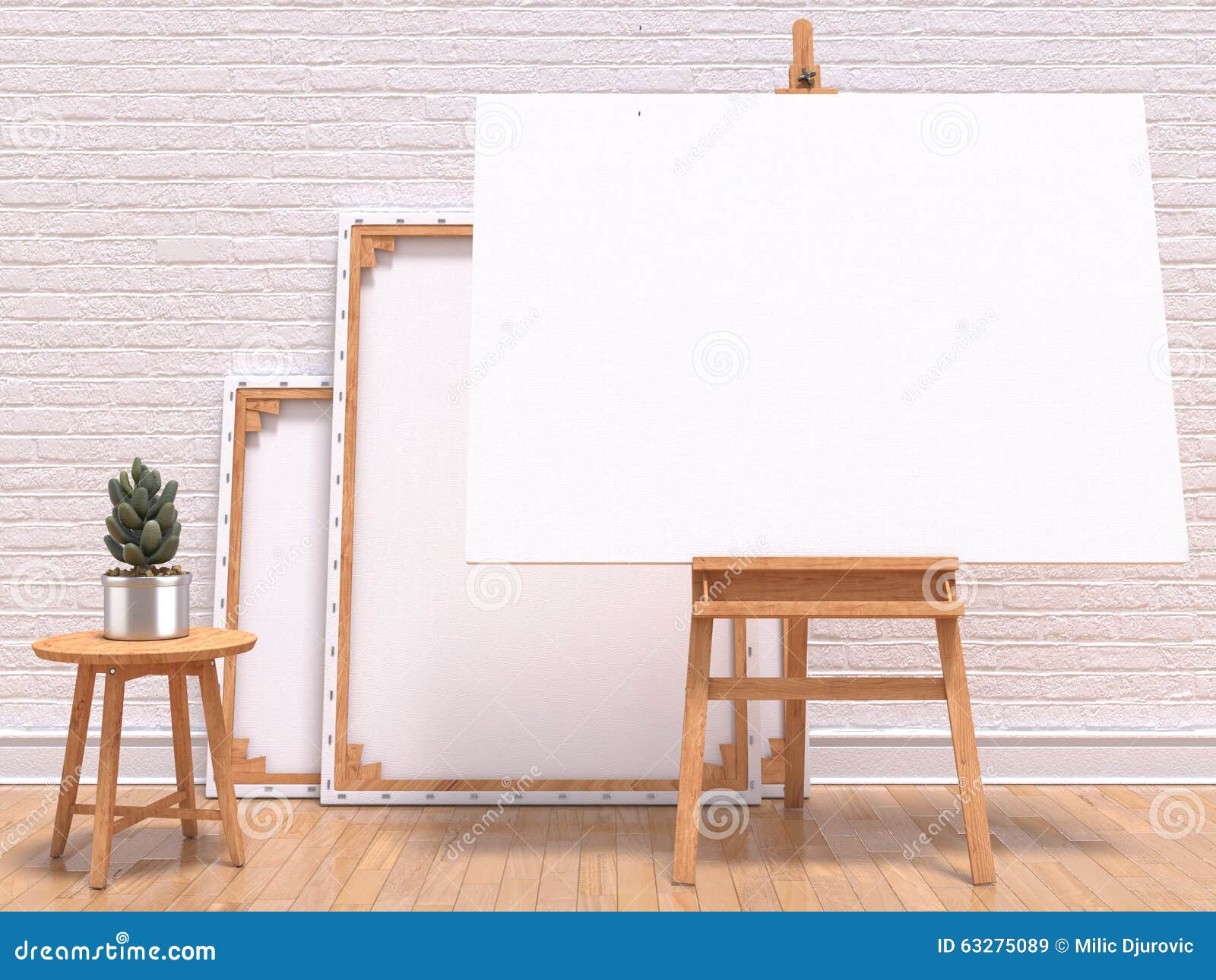 Mock Up Canvas Frame with Plant, Easel, Floor and Wall. 3D Render Stock ...
