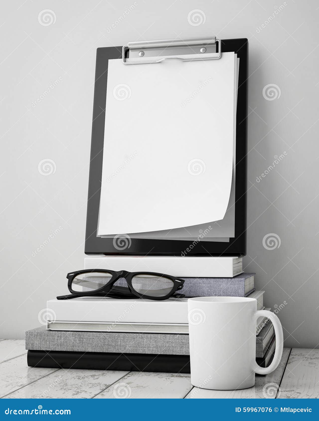 Mock Up Clipboard on Pile of Books with Interior Background Stock Photo ...