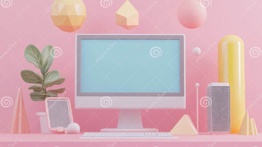 Mock-up with a Computer and Geometric Shapes, Presented in 3D Stock ...
