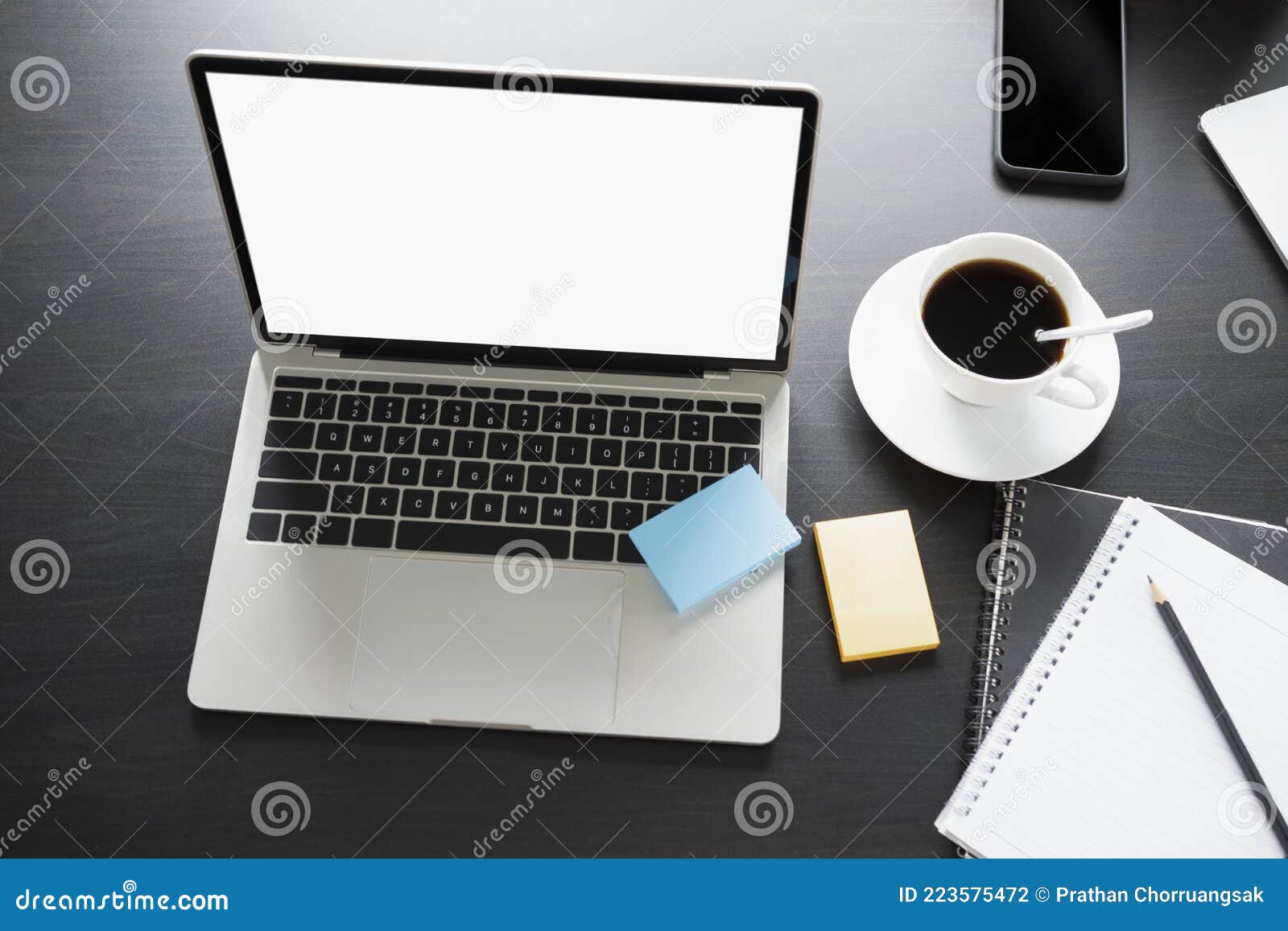 Computer Laptop, Sticky Notes and Coffee Cup on Office Desk. Stock ...