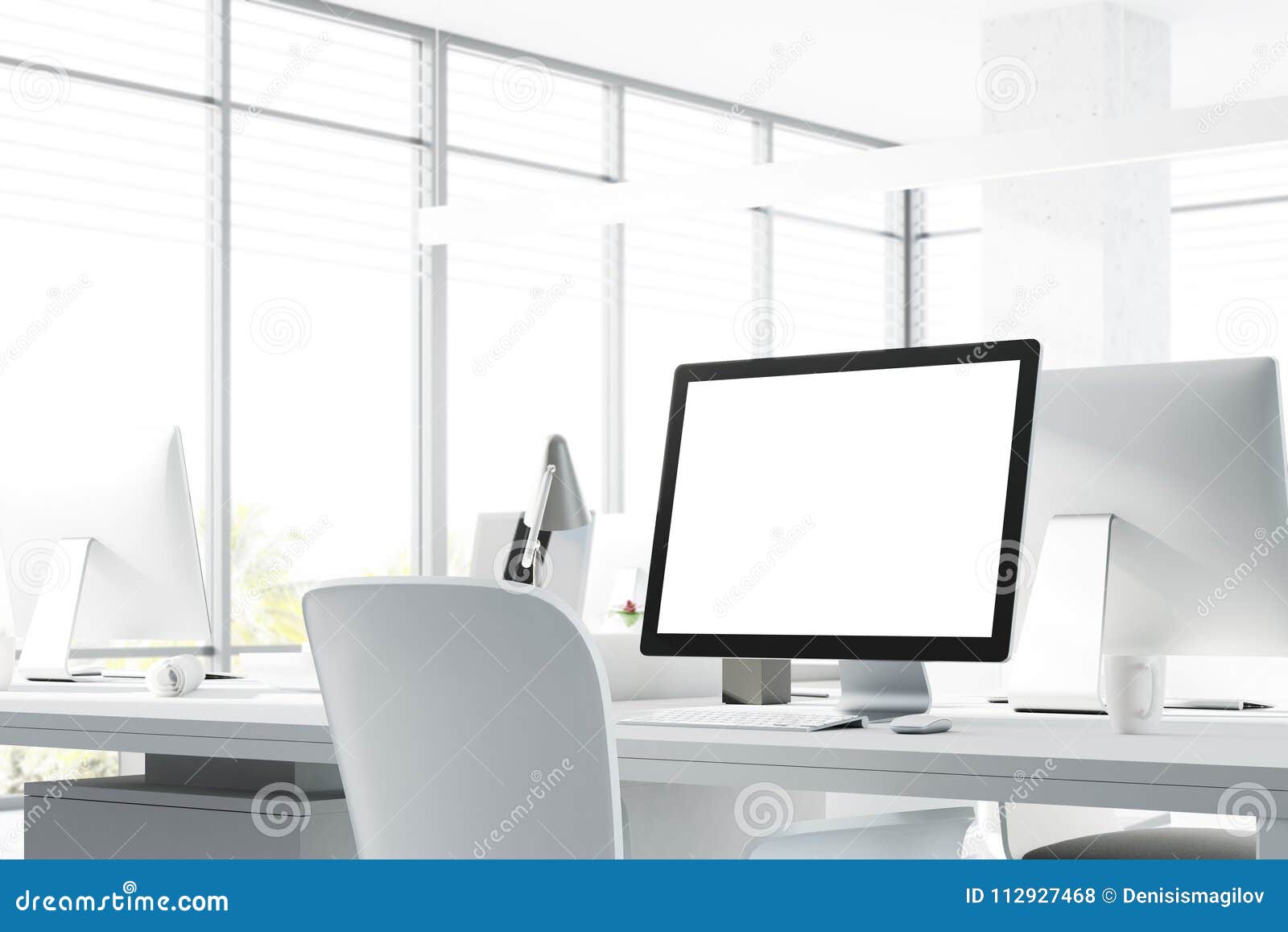 Mock Up Computer Screen in White Office Side View Stock Illustration ...
