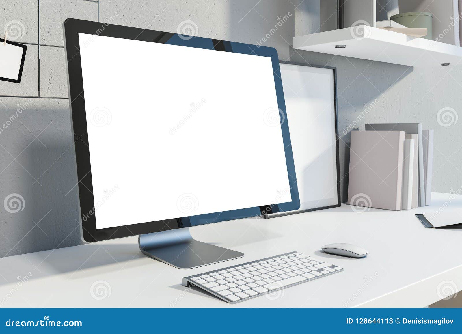 Mock Up Computer Screen in White Office Stock Illustration ...