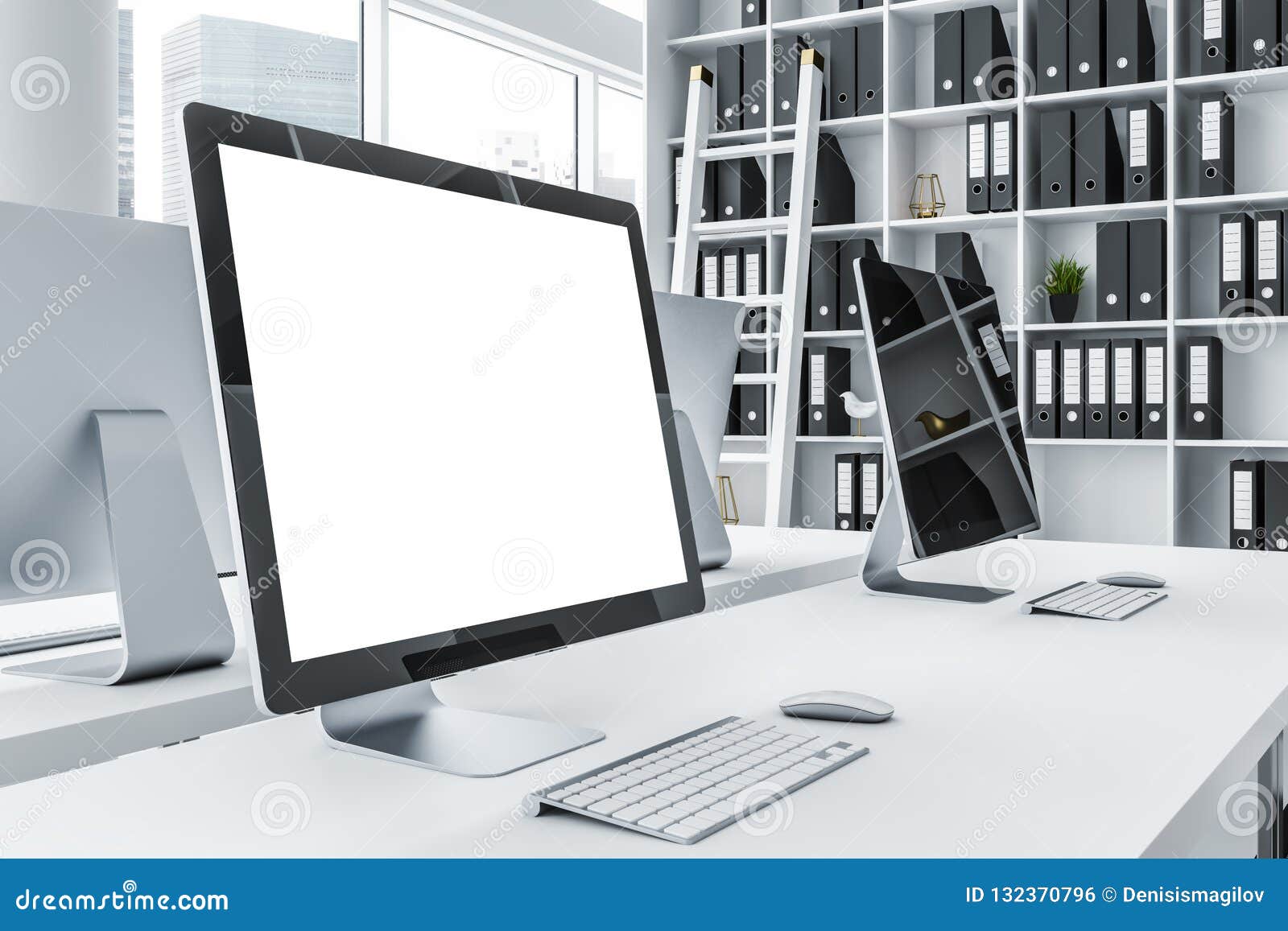 Mock Up Computer Screen on White Table Stock Illustration ...